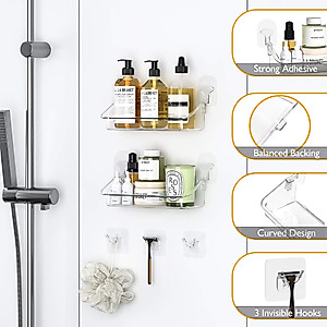 UDD Clear Shower Caddy with Razor Holder Hook, Wall Floating Shelves Shower Organizer Storage Adhesive Shower Rack for Bathroom (2 Pack, Small)