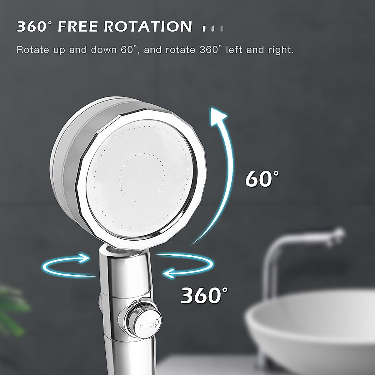 High Pressure Fan Water Saving Shower Heads, Adjustable Water Pressure with Filter and Pause Switch, Easy Install Handheld Turbocharged Shower Head 360 Degrees Rotating (Bule)