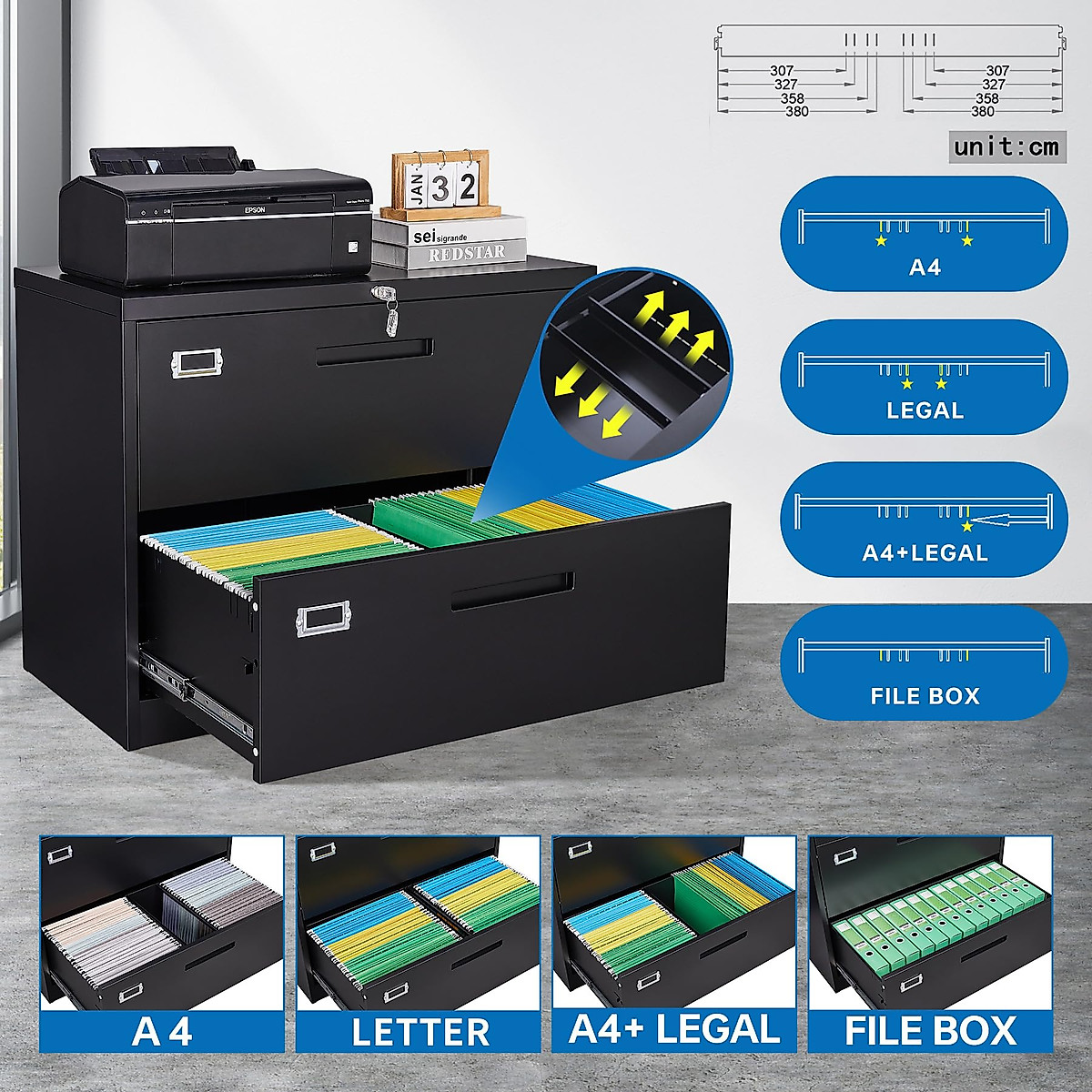 BYNSOE 2 Drawer Lateral File Cabinet Metal Filing Cabinet with Lock Office Home Steel Lateral File Cabinet for A4 Legal/Letter Size Lockable Wide Metal Cabinet,Assembly Required(2 Drawer, Black)