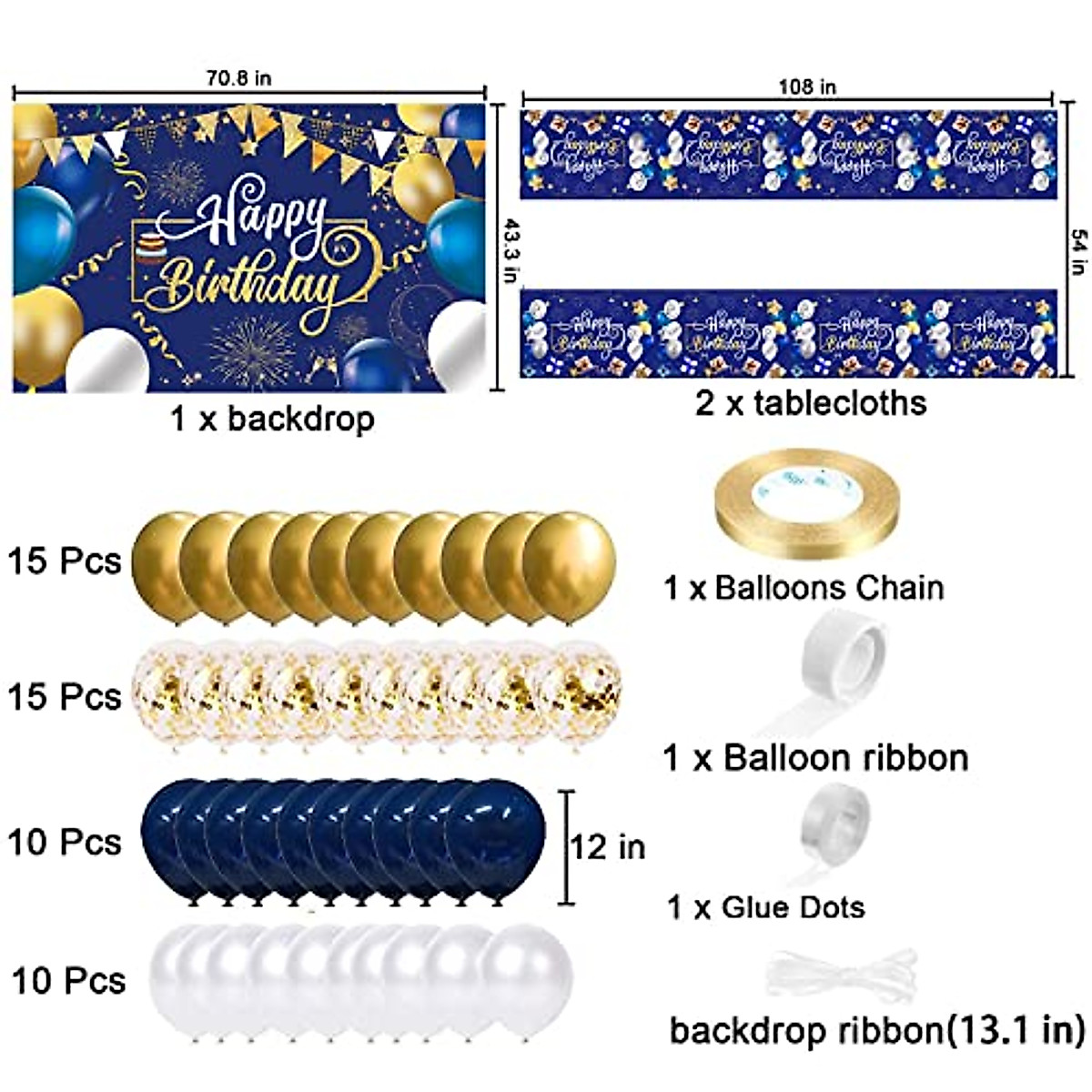 Gold Blue White Happy Birthday Extra Large Fabric Sign Poster Banner Backdrop Waterproof tablecloths Metallic Shiny Latex Balloons for Birthday Party Background Decoration