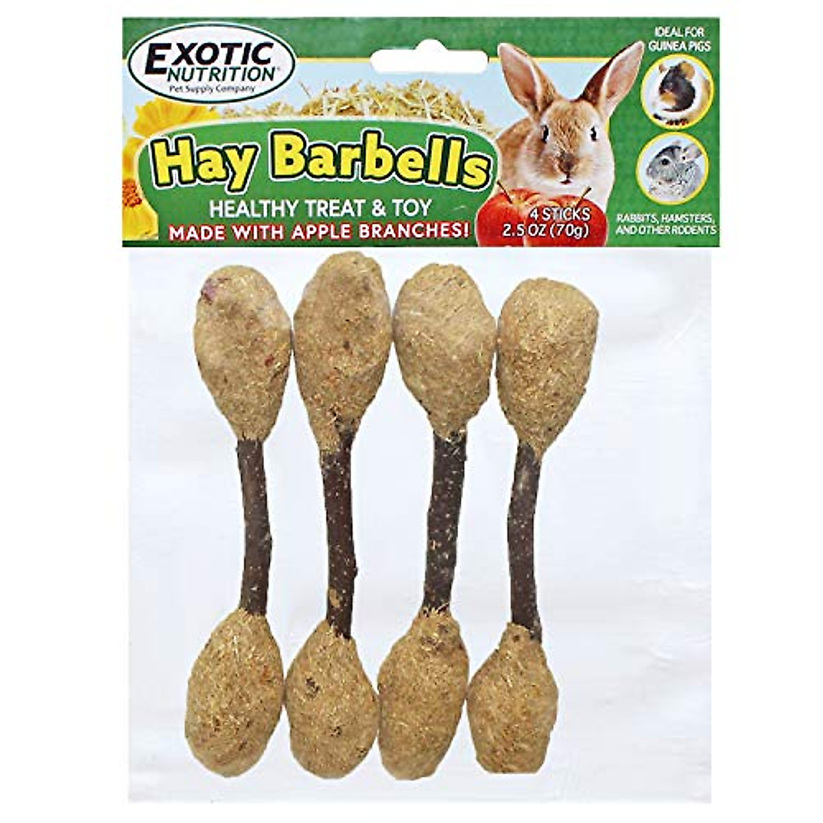 Hay Barbells - Healthy Natural Chew Treat - Oat Hay, Rose Hips, Calendula Flowers, Apple Branches - Rabbits, Guinea Pigs, Chinchillas, Degus, Hamsters, Rats, Squirrels & Other Small Pets