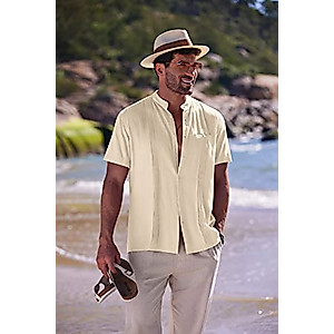 COOFANDY Men's Short Sleeve Linen Shirt Guayabera Cuban Beach Tops Band Collar Casual Button Down Shirts Khaki