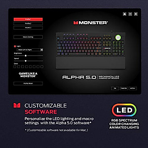 Monster Alpha 5.0 LED Mechanical Gaming Keyboard with Anti-ghosting Individually Backlit RGB Keys, Programmable RGB Lighting Effects, Magnetic Palm Rest and Dedicated Media Keys – for PC Gaming