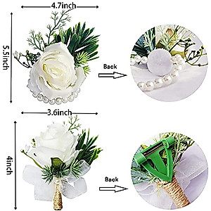 YESKY Corsage Wristlet, White Rose Wrist Flowers and Men's Corsage Set, Boutonniere and Wrist Corsage Bracelet Wristband Roses for Wedding Flowers Accessories Prom Suit Decorations