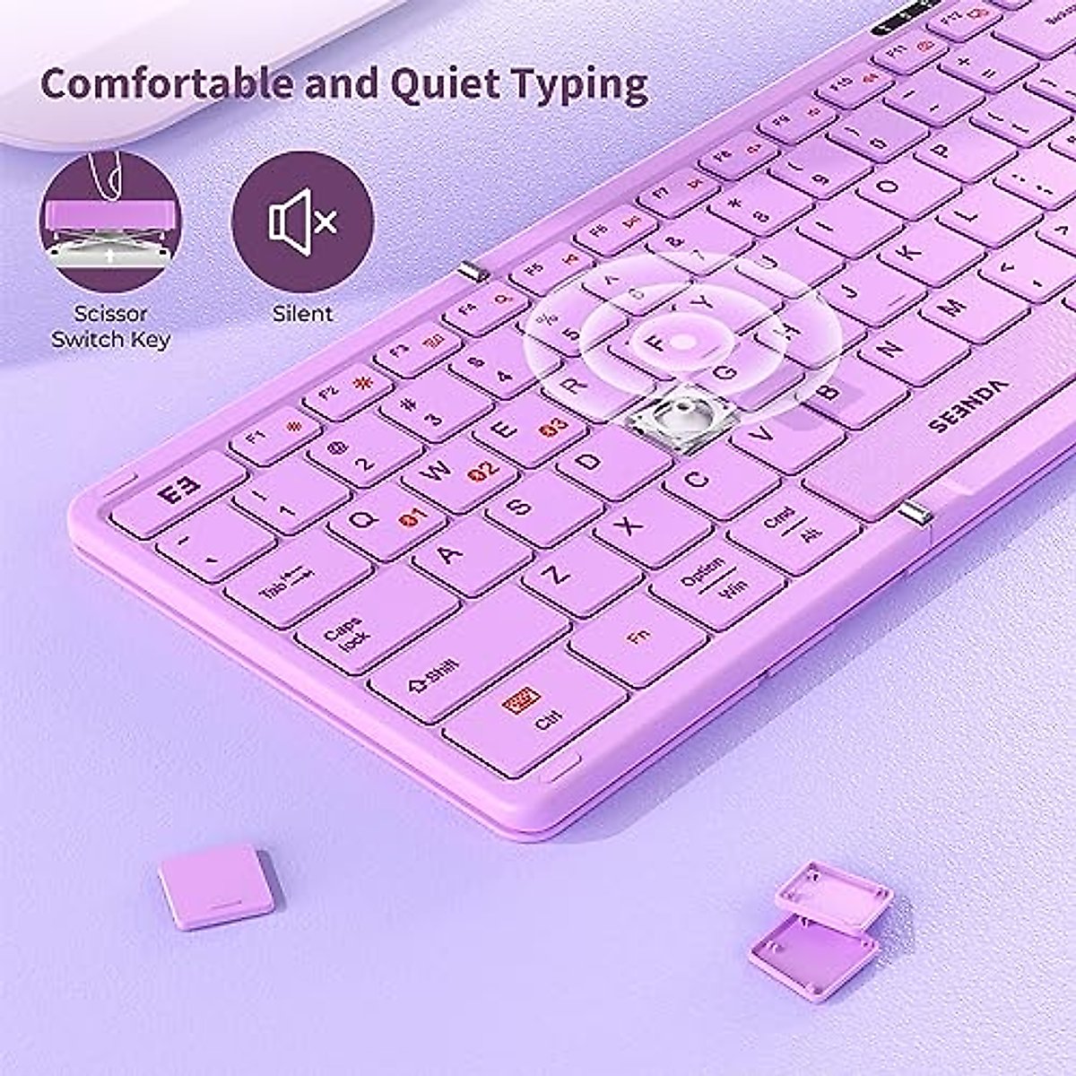 seenda Foldable Bluetooth Keyboard for Travel, Portable Wireless Folding Keyboard with Number Pad, Full-Size Rechargeable Keyboard for Laptop Tablet PC Mac Windows iOS Android - Purple Pink