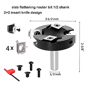CNC Spoilboard Surfacing Router Bit 1/2 Shank, 2-1/2”Cut Dia, 2+2 Insert Carbide Slab Flattening Router Bits, Planing Bit Wood Planer Bit, for Flycutter/ Slab Leveler/ Rabbeting by Sinoprotools