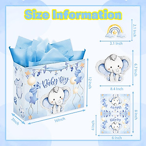 Mpanwen 16" Large Baby Boy Gift Bag for Boy, 3D Making Blue Elephant Theme Baby Gift Bag with Tissue Paper and Greeting Card