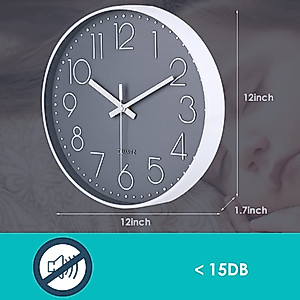 jomparis 12 Inch Non-Ticking Wall Clock Silent Battery Operated Round Wall Clock Modern Simple Style Decor Clock for Home/Office/School/Kitchen/Bedroom/Living Room (Gray)