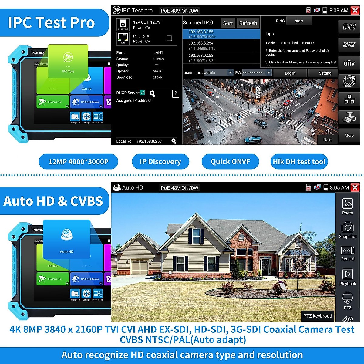Rsrteng IP Camera Tester with Cable Tracer, IPC-5200C Plus 8MP AHD CVI TVI SDI CVBS IP Camera Test 4K HD Display Video Monitor 5.4 inch IPS Touch Screen IPC Tester Support POE PTZ RS485 HDMI & VGA
