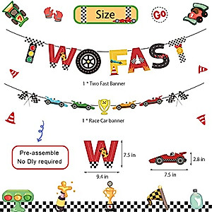 PRATYUS Race Car Two Fast Birthday Decorations for Kids Boys Racing Theme 2nd Party Supplies With Banner, Cake Toppers and Checkered Balloons for Let's go Racing Theme Party