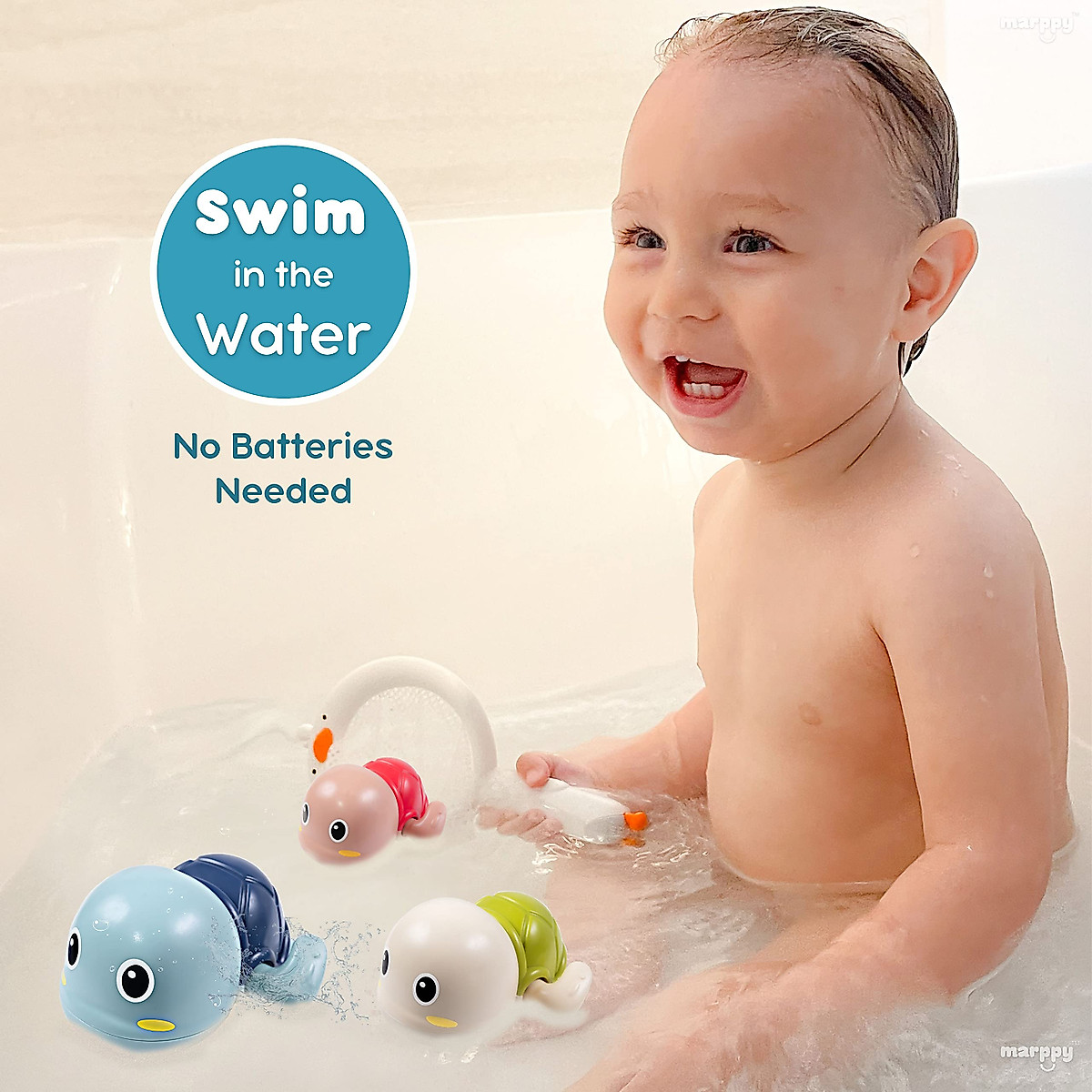 MARPPY Toddler Bath Toys, 3 Swimming Bath Toys Turtles and 1 Fishing Net, Wind - Up Bath Toy, Bathtub Toys and Pool Toys for Toddlers Kids, Boys and Girls, Age 2 3 4 5 Year Old