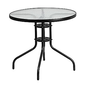 Flash Furniture 4 Black Flex Comfort Stack Chairs, 31.5" Round Tempered Glass Patio Table