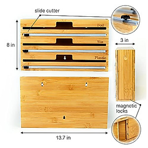 Food Wrap Organizer For Kitchen Cabinets - 3-in-1 Dispenser With Cutters For Plastic Wrap, Aluminum Foil and Wax Paper - Bamboo Organizer With Magnetic Drawer - Fits 12” Rolls