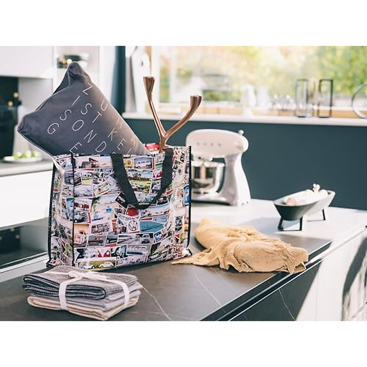 BRISA VW Collection - Volkswagen Reusable Shopping Grocery Bag with T1 Bus Motif (Stamps/Multicolor)