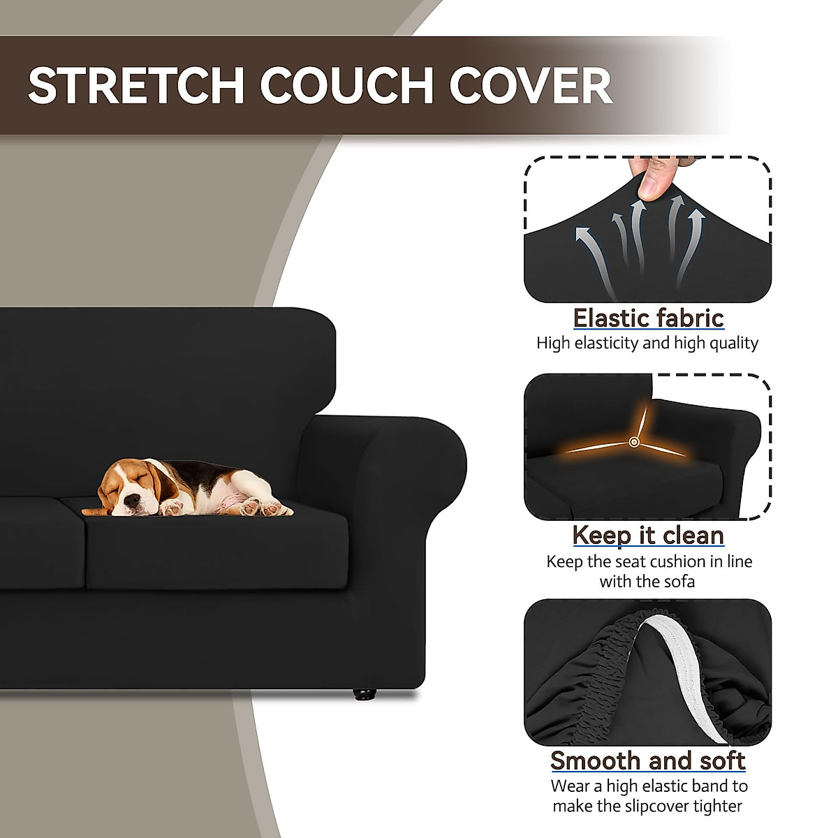 KEKUOU 4 Pieces Stretch Couch Covers for 3 Cushion Couch Sofa pet Friendly， Sofa Covers Washable Soft Elastic Dogs Furniture Protector(Sofa,Black)