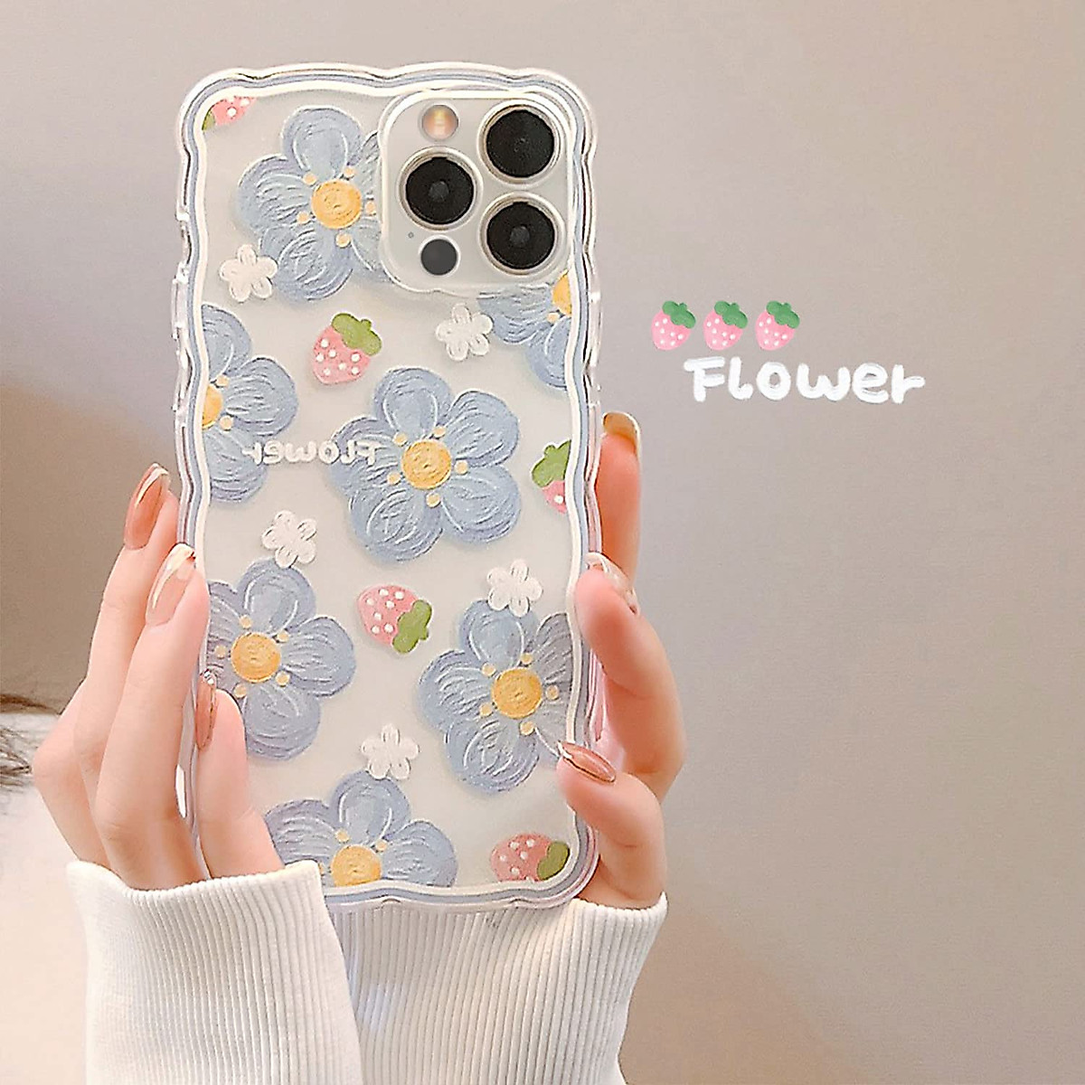 Ownest Compatible for iPhone 13 Pro Max Clear Case 6.7 Inch with Flower Cute Strawberry Lace Design for Girls Woman TPU Protective Slim Shockproof Floral Case for iPhone 13 Pro Max-Blue