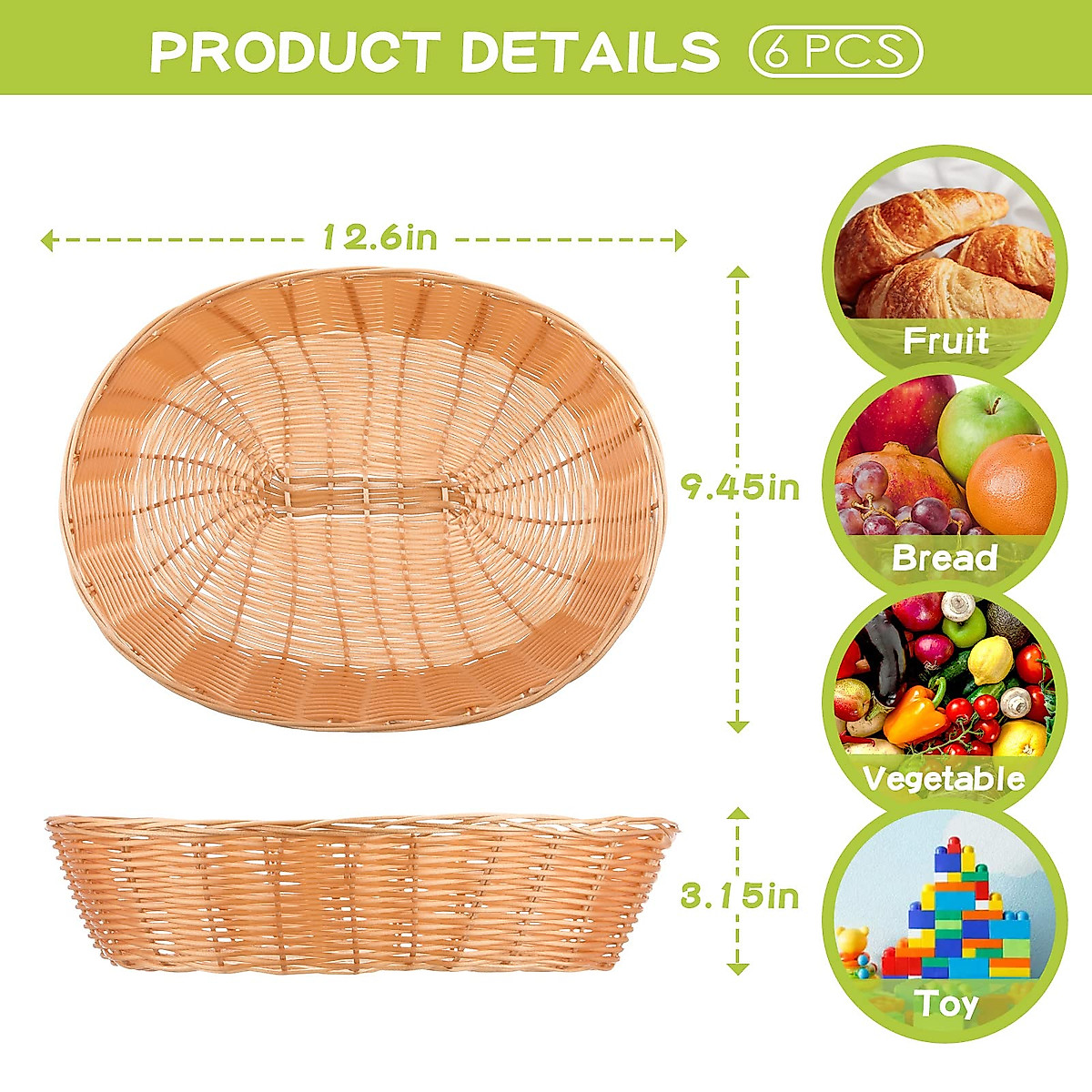 Mumufy 6 Pcs 12.6 x 9.5 x 3.2 Inches Plastic Bread Baskets for Serving Empty Oval Basket Bin Fruit Food Woven Baskets for Harvest Season Gifts Storage Kitchen Display Restaurant Tabletop