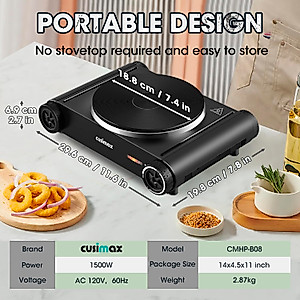 CUSIMAX Hot Plate,1500W Electric Portable Cast Iron Stove with Temperature Controls,Hot Plates for Cooking,Compatible for All Cookwares,Concealed Handle,Easy to Clean