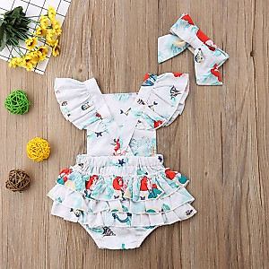 Baby Girls Rompers, Mermaid Sea World Pattern Flower Edge Bodysuit with Hairband Outfits Clothes（White，6-12M