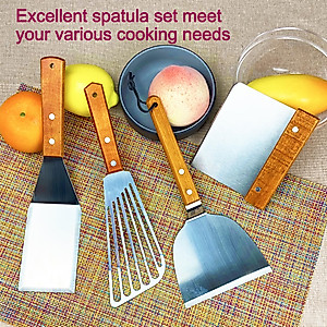 KLAQQED Spatula, Metal Spatulas Set, Stainless Steel Spatula, Fish Spatula Turner Cooking BBQ Grill Griddle Spatula, Metal Spatula for Cast Iron Skillet, Small Wide Kitchen Spatulas ​with Wood Handle