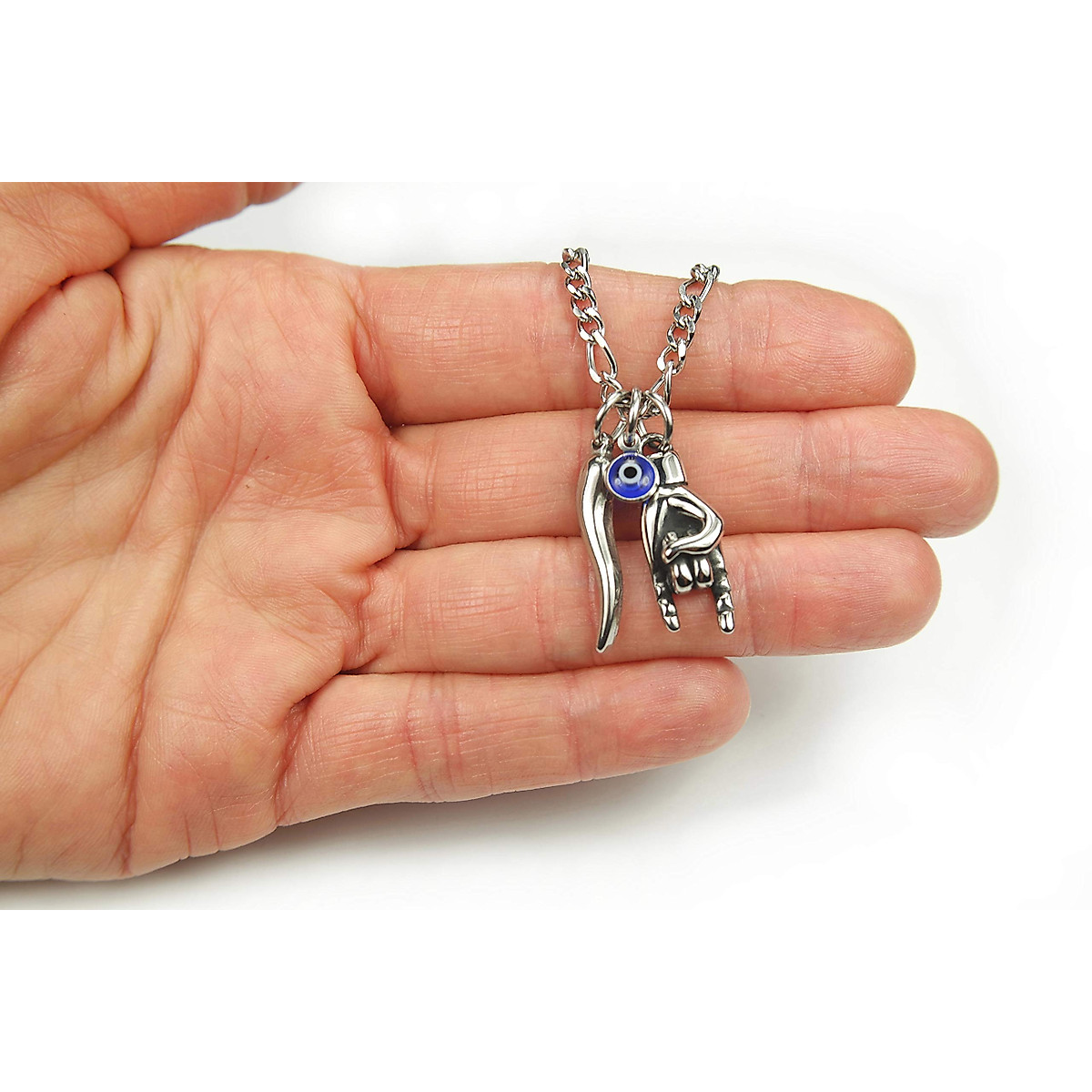 Mano Cornuto, Cornicello, and Nazar combo Necklace, on 20" Figaro Chain, Italian Lucky Hand Horn Anti Evil Eye Good Luck Amulet Protection Charms All Stainless
