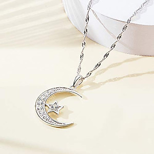 Gemschest 925 Sterling Silver Moon Necklace Cubic Zirconia Crescent Moon Star Phase Pendant Necklace Dainty Chain 18" Chain Silver Necklace for Mom Women Ladies (Crescent Moon)