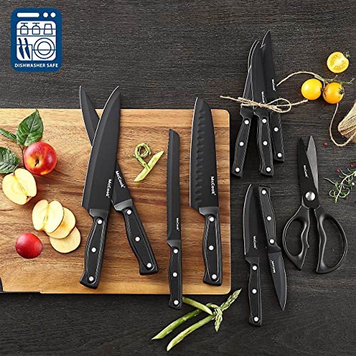 McCook Knife Set with Built-in Sharpener Block, MC701 Kitchen Knife Set with Block, 26 Pcs High Carbon Stainless Steel Kitchen Knife Sets with Block Self Sharpening, Black