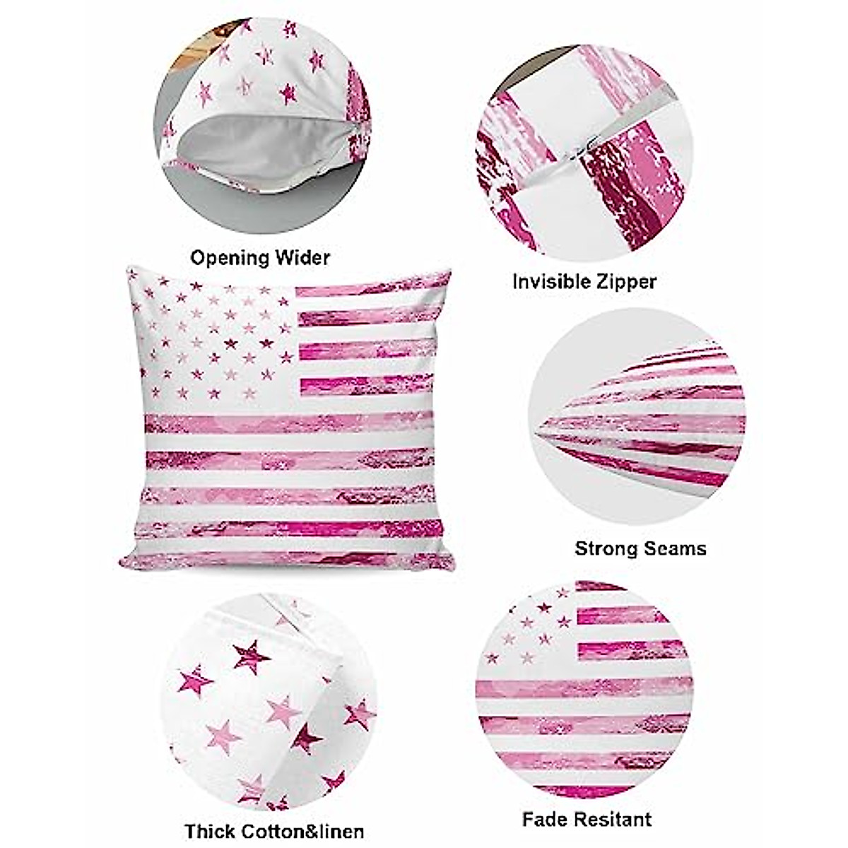 Set of 2 Throw Pillow Covers Square for Home Decor, Independence Day Pink Camo American Flag Patriotic 18x18 Inch Cotton Reversible Pillow Case Sofa Soft Cushion Cases for Bedroom Couch Bed Car Chair