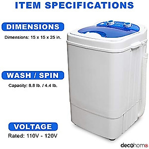 Deco Home Portable Washing Machine for Apartments, Dorms, and Tiny Homes with 8.8 lb Capacity, 250W Power, Wash and Low Agitation Spin Cycle, Includes Drainage Hose, ETL Certified