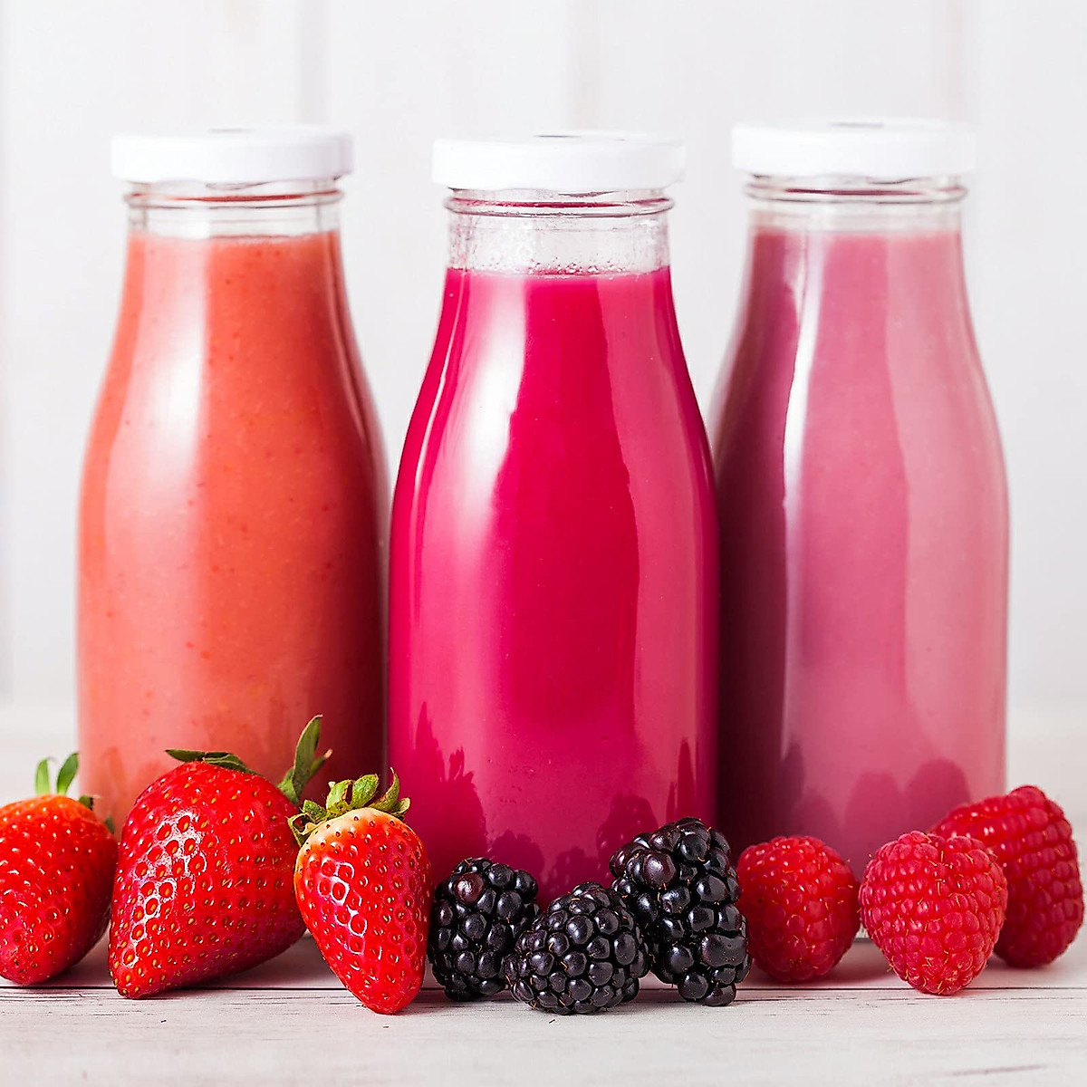 YEBODA 11oz Glass Milk Bottles with Reusable Metal Twist Lids and Straws for Beverage Glassware and Drinkware Parties, Weddings, BBQ, Picnics, Set of 12