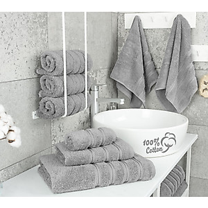 American Soft Linen 6 Piece Towel Set, 2 Bath Towels 2 Hand Towels 2 Washcloths, 100% Turkish Cotton Towels for Bathroom, Light Grey Towel Sets