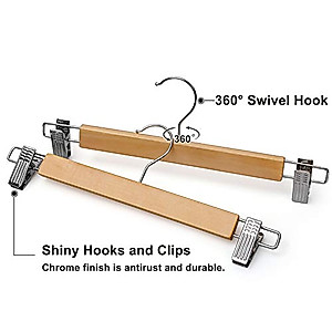 SONGMICS Wooden Pants Hangers 12 Pack, Pants Hangers with Clips, Adjustable Anti-Rust Metal Clips, 360° Swivel Hook, Skirt Hangers for Pant, Skirts, Natural Grain UCRW008-12, 13.4 x 0.5 x 4.9 Inches