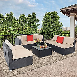 Crownland 7-Piece Outdoor Patio Furniture Sets, All-Weather Black Wicker Rattan Sectional Sofa, Modern Glass Coffee Table and Washable Seat Cushion with YKK Zipper (Beige)