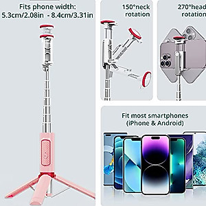 COLORLIZARD CellphoneTripod with Remote, Aluminum Alloy Selfie Stick Tripod, Best Foldable Mini Extendable Tripod Stand 270° Rotation Compatible with iPhone/Android Travel Essentials (Pink)
