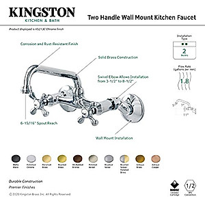 Kingston Brass KS213PB Victorian Two Handle Wall Mount Kitchen Faucet, 7-Inch, Polished Brass
