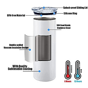 AQUAPHILE Sublimation Tumblers Blanks Skinny Tumbler 4 Pack White 20 OZ Straight Stainless Steel Double Wall Insulated Cups with Metal Straw Vacuum Tumbler Travel Mug for Hot Cold Drinks DIY Gifts