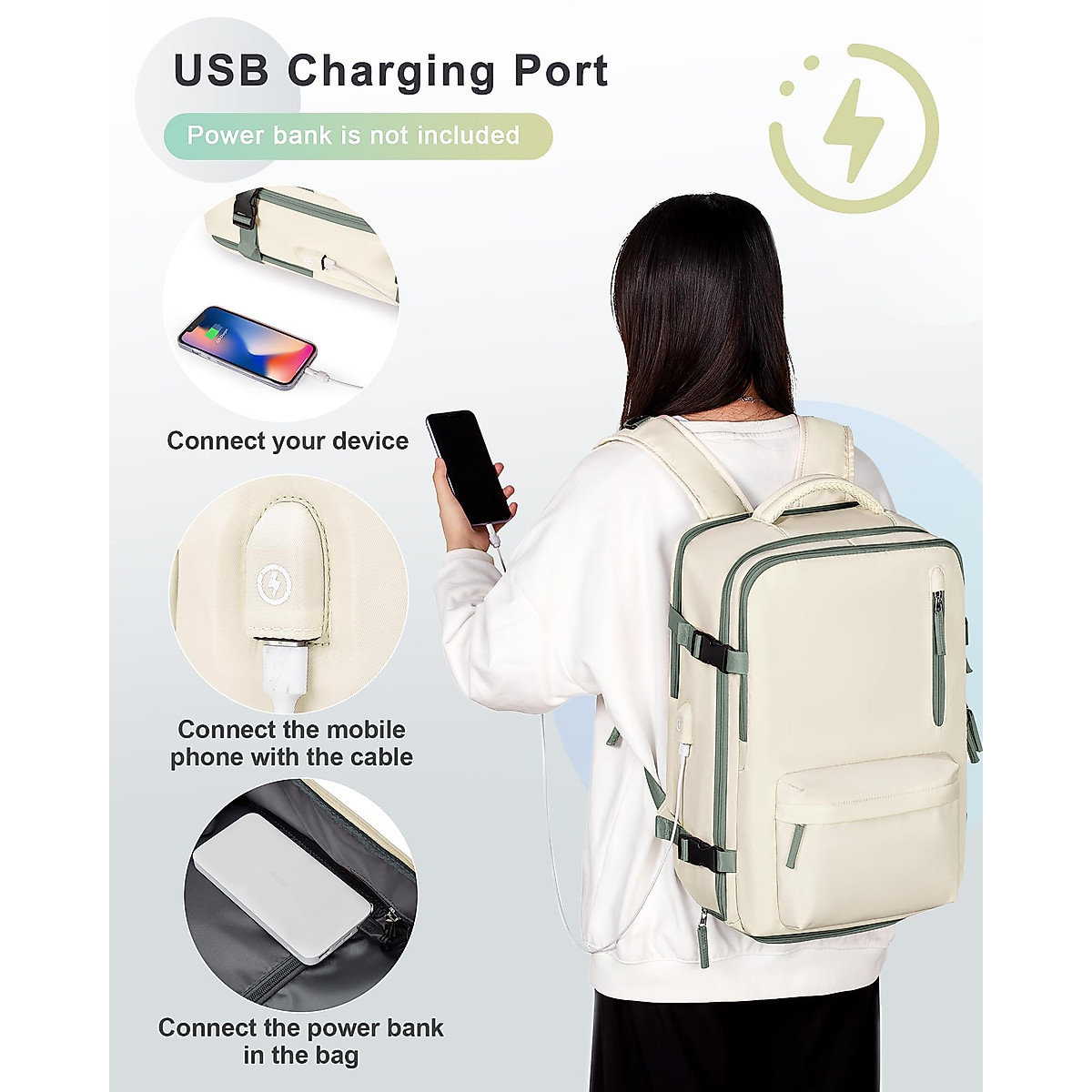 VECAVE Carry On Backpack for Women,Large Travel Backpack Flight Approved,Waterproof 17 Inch Laptop Backpack Business Work Backpacks Men Mochila De Viaje Beige