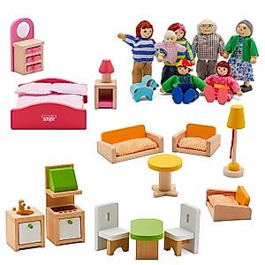 Dollhouse Furniture Set - Wooden - Living Room, Bedroom and Kitchen Accessories, Family Members, Pet – 100% Natural Wood, Nontoxic Paint, Smooth Edges