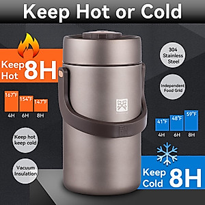 GOLDEN KEY Adults Stainless Vacuum-Insulated Wide Mouth Large Thermos for Hot Food with 3 Stackable Storage Container Inserts and Lunch Bag,Hot & Cold Soup Thermo Lunch Container,87 Ounce,Coffee