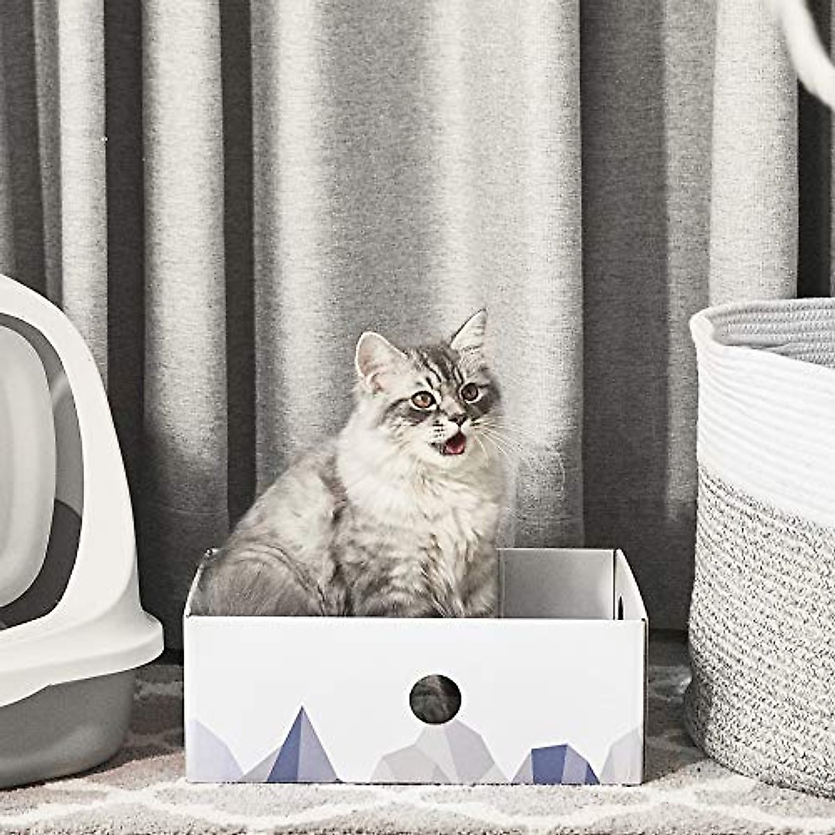Conlun Cat Scratcher Box with Cat Scratching Pad Portable 3-Layer Corrugated Cardboard Lounger Heavy-Duty Double-Sided Cardboard Cat Scratcher and Interactive Hole Design White (Medium)