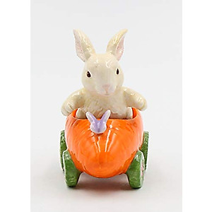 Fine Ceramic Bunny Rabbit on Carrot Cart Salt & Pepper Shakers, 4 1/4" L