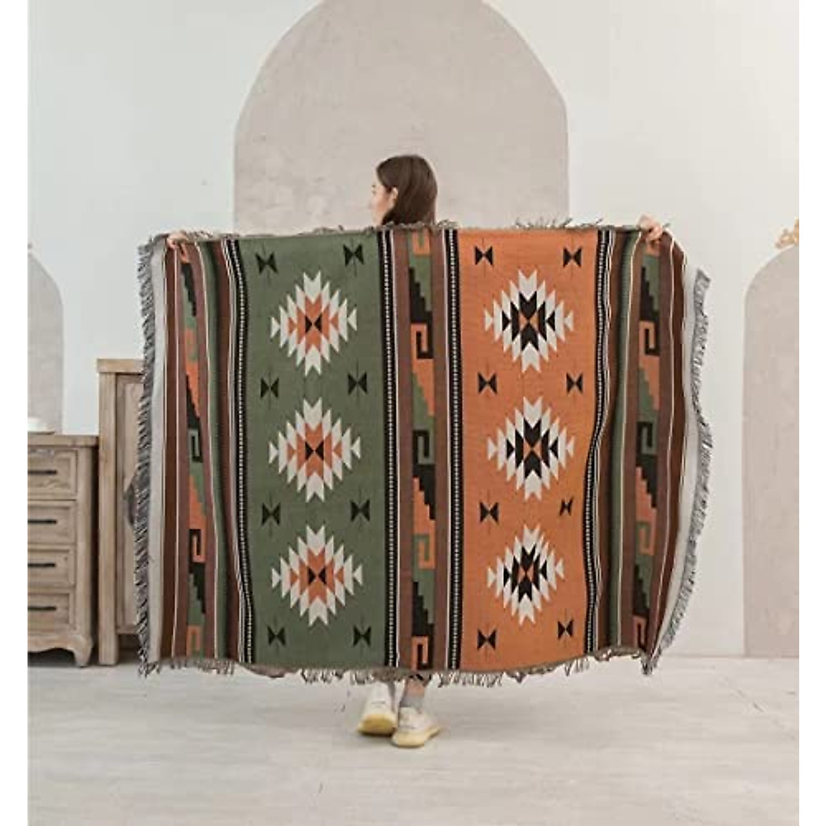 Pretyw Aztec Throw Blanket Southwest Blankets with Tassels Cozy Reversible Southwestern Navajo Throw Blanket Multi-Function for Couch Chair Sofa Bed Outdoor Travel 63 x 51 Inches