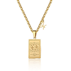 Zodiac Sign Necklace for Women 18K Gold Plated Stainless Steel Chain 20+2 inch Double Sided Constellation Tarot Card Pendant Waterproof Non Tarnish Friendship Jewelry Birthday Gift(Pisces)