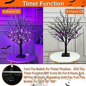[ 2 Pack & Timer ] 24 Inch Prelit Halloween Black Tree Halloween Decorations Artificial Spooky Tree Battery Powered Total 48 LED Purple Lights DIY 25 Spider & 25 Bat Tabletop Indoor Home Party Decor
