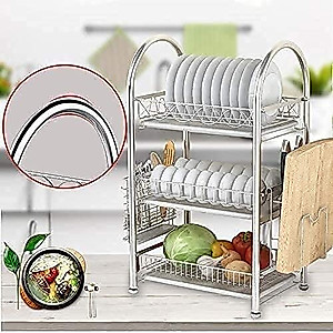 Plate Rack Dish Drainer Rack Drainer Holder Organization Shelf Kitchen Stainless Steel Utensil Chopping Board Holder with Drain Pan Plate Holder (Color : Silver, Size : 3-Tier)