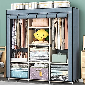 QLFJ-FurDec Portable Wardrobe Closet, 47 Inch Clothes Storage Organizer Shelves Rack, Non-Woven Fabric Cover Standing Closet with 2 Hanging Rods, Extra Durable, Quick and Easy Assembly(Gray)