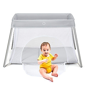HONEY JOY Baby Travel Crib, Portable Pack and Play Travel Bassinet with Carry Bag, Lightweight Baby Playpen w/Washable Mattress, Side Zipper Door, Large Foldable Play-Yard for Infant Boy Girl (Sliver)
