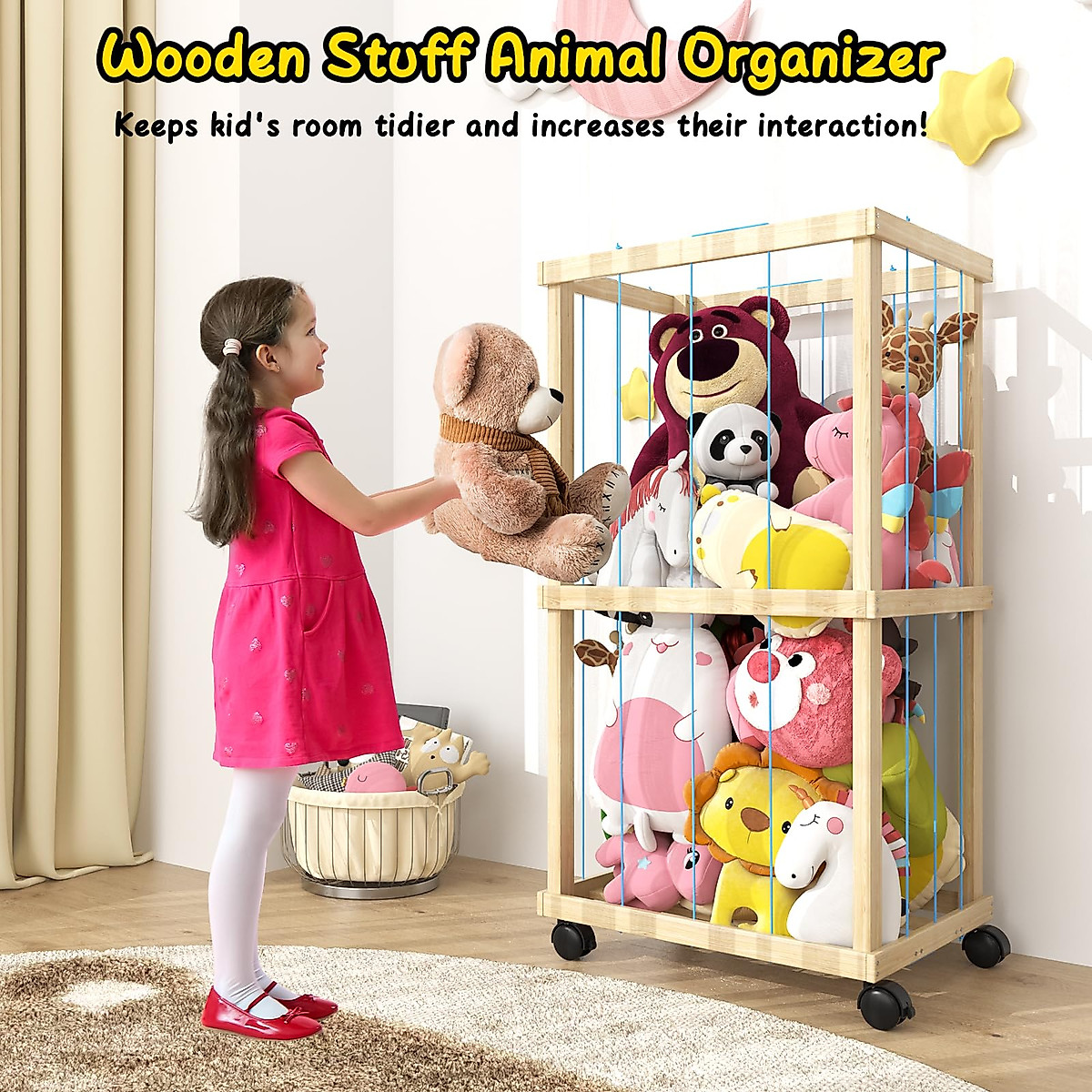 PatioDeco Stuffed Animal Zoo Storage Cage 55" Wood Large Stuffed Animal Storage Basket, Toy Storage for Big Small Stuffed Animals