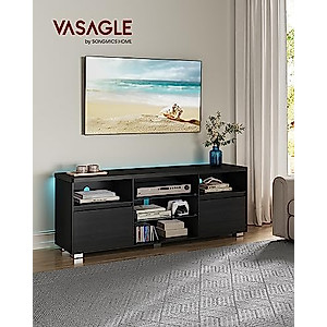 VASAGLE TV Stand with LED Lights for TVs up to 70 Inch, Entertainment Center with Open Glass Shelves, 2 Cabinets with Doors, 63-Inch Long, TV Console for Bedroom Living Room, Black ULTV330T21