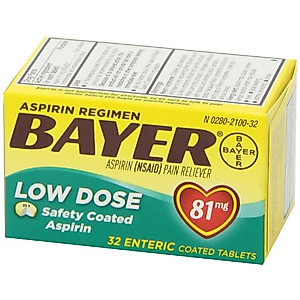 Bayer Aspirin Low Dose 81 mg, Enteric Coated Tablets, Doctor Recommended, Secondary Prevention of Cardiovascular Disease, 32 Safety Coated Tablets